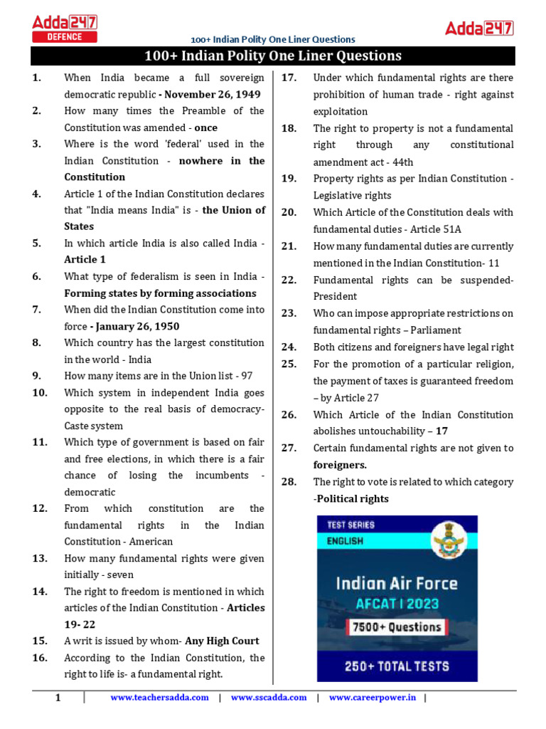 100 Indian Polity One Liner Questions | PDF | Governance | Legal Documents