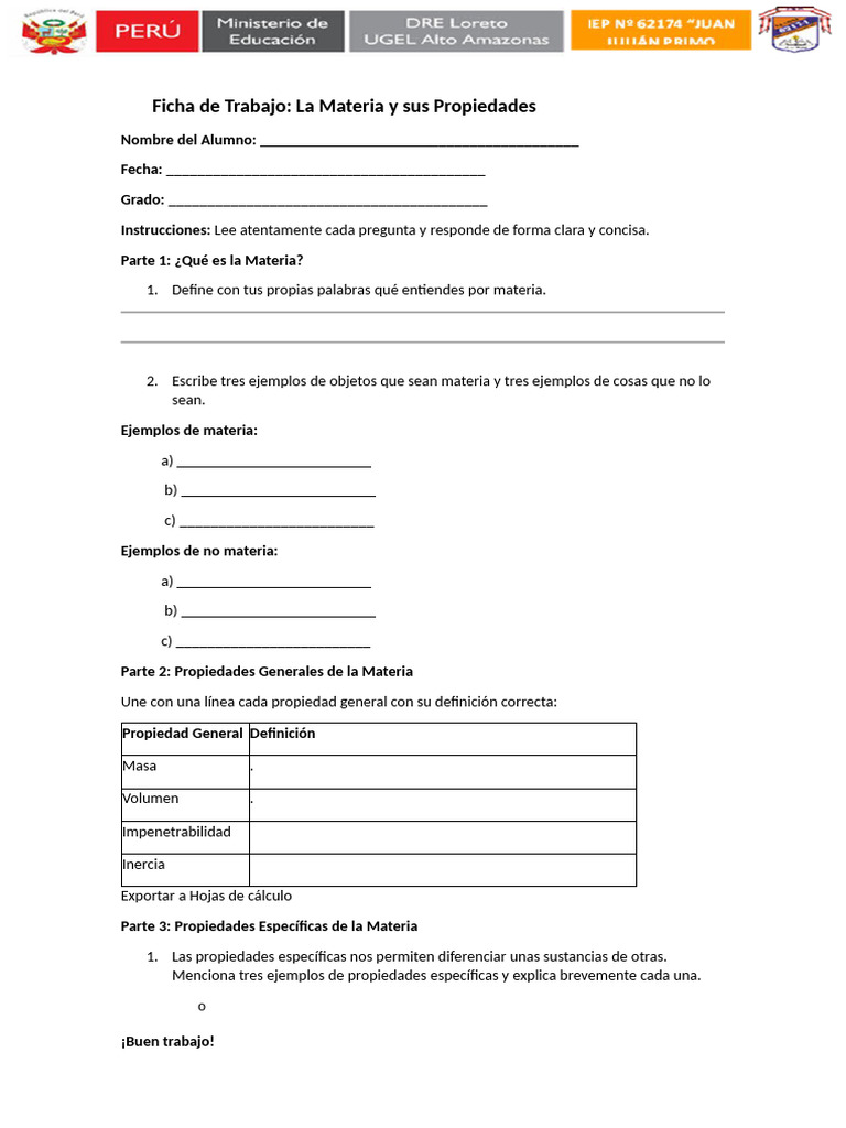 Propiedades de la Materia: Ficha de Trabajo | PDF | Importar | Masa