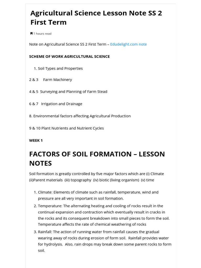 SS2 Agricultural Science First Term Notes | PDF | Soil | Plough