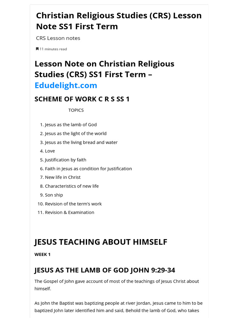 CRS Lesson Note for SS1 First Term | PDF | Justification (Theology) | Jesus