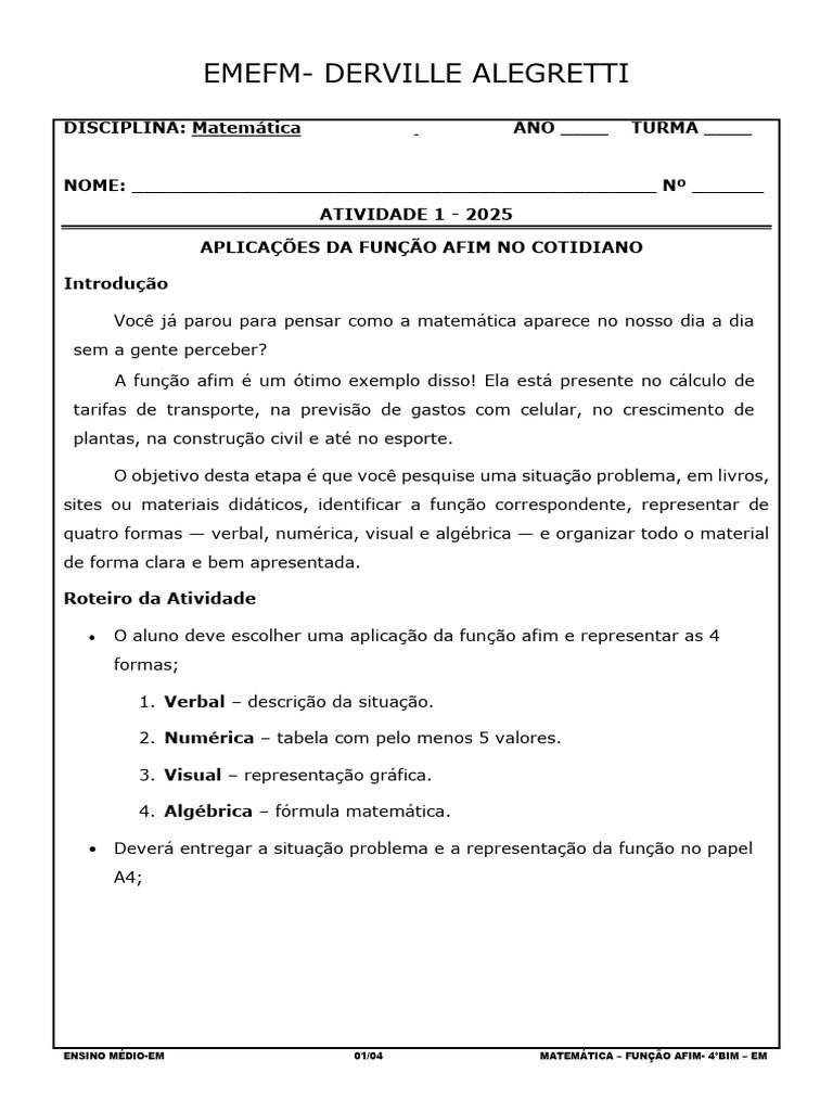 Mat. Integrado - Atividade 1 Função Afim | PDF | Função (Matemática ...