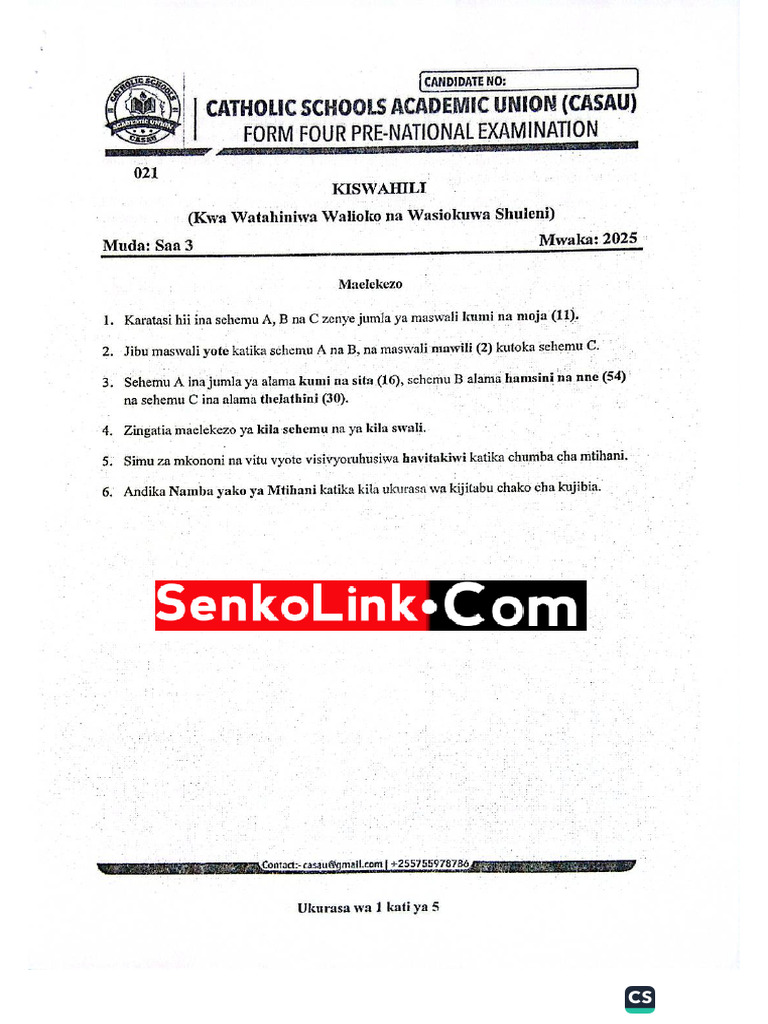 Kiswahili Casau f4 Senkolink - Com 2025 | PDF