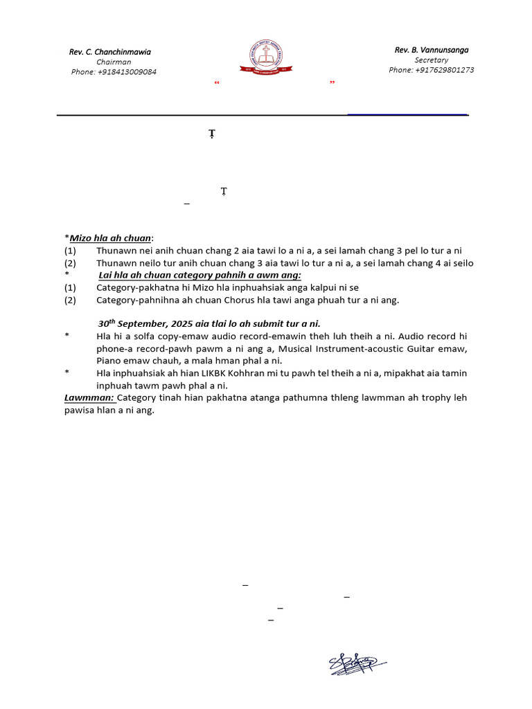 LIKBKTP Circular on Mizo Hla Submission | PDF