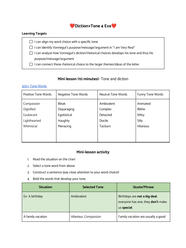 Oliver Benn - AP Lang Preview Day 4 - Diction and Tone | PDF