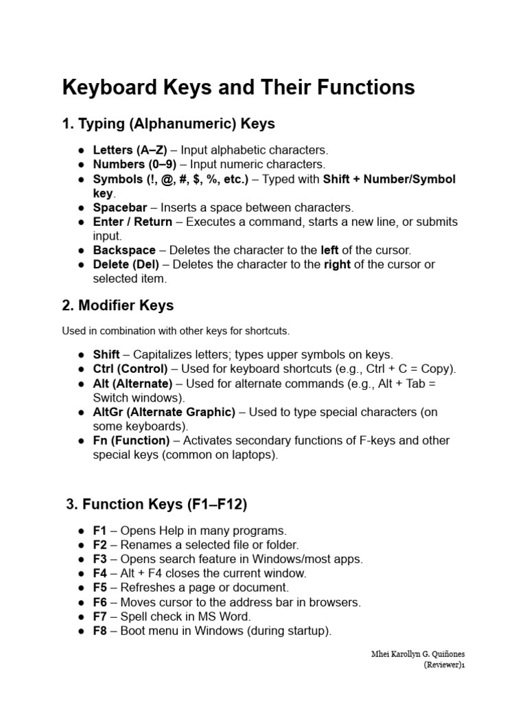 Keyboard Keys and Their Functions | PDF | Computer Keyboard | Computer ...