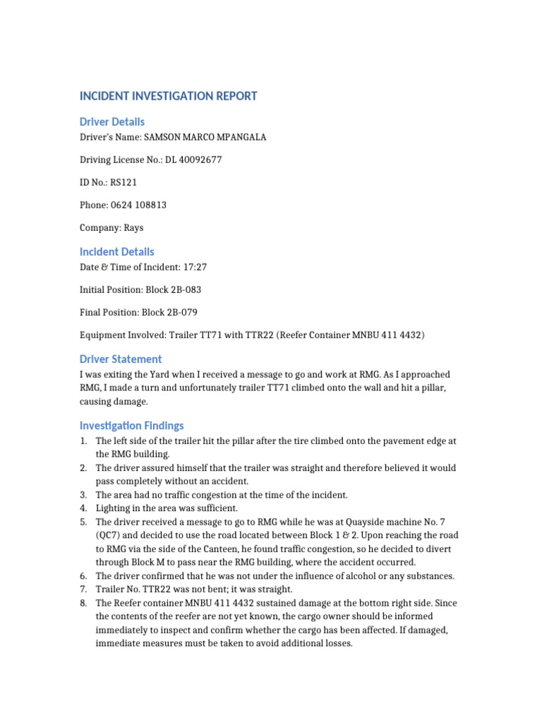 Incident Investigation Report | PDF | Transport