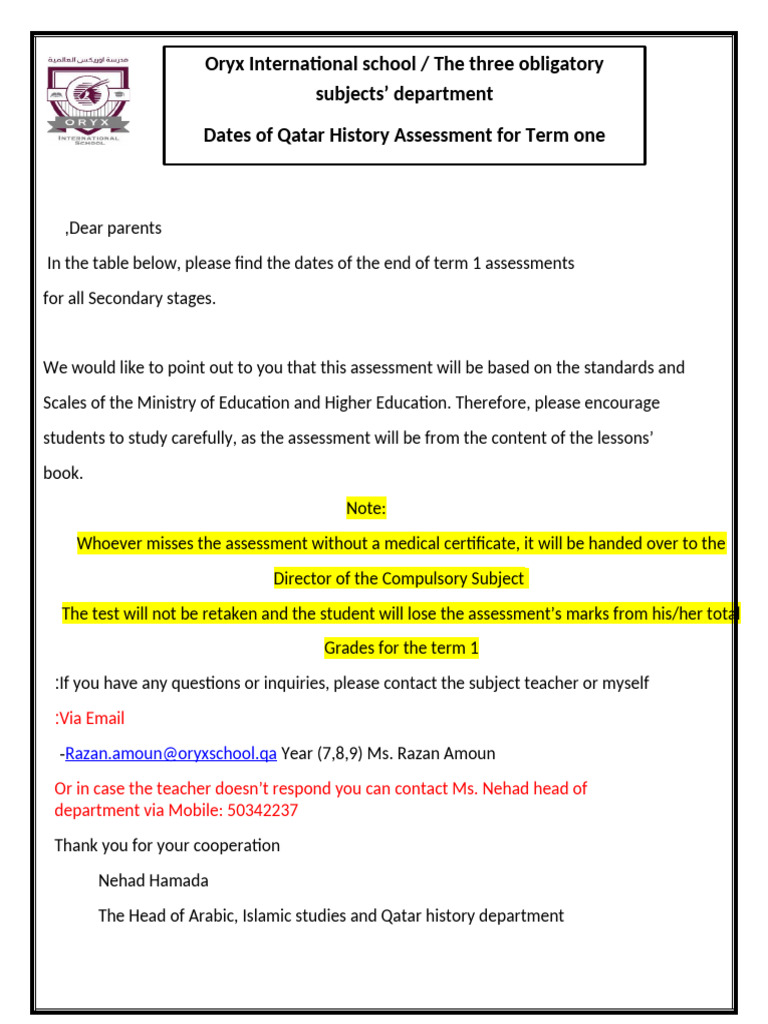 Qatar History Assessment Schedule | PDF | Qatar