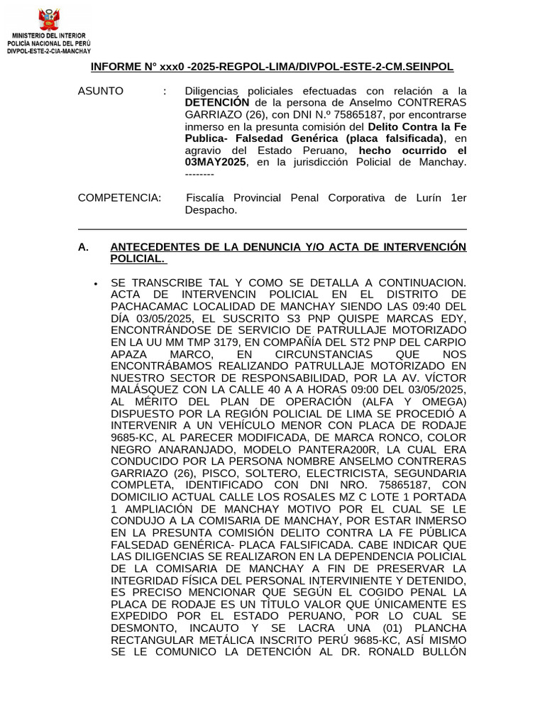 Detención por Placa Falsificada en Manchay | PDF | Cumplimiento de la ...