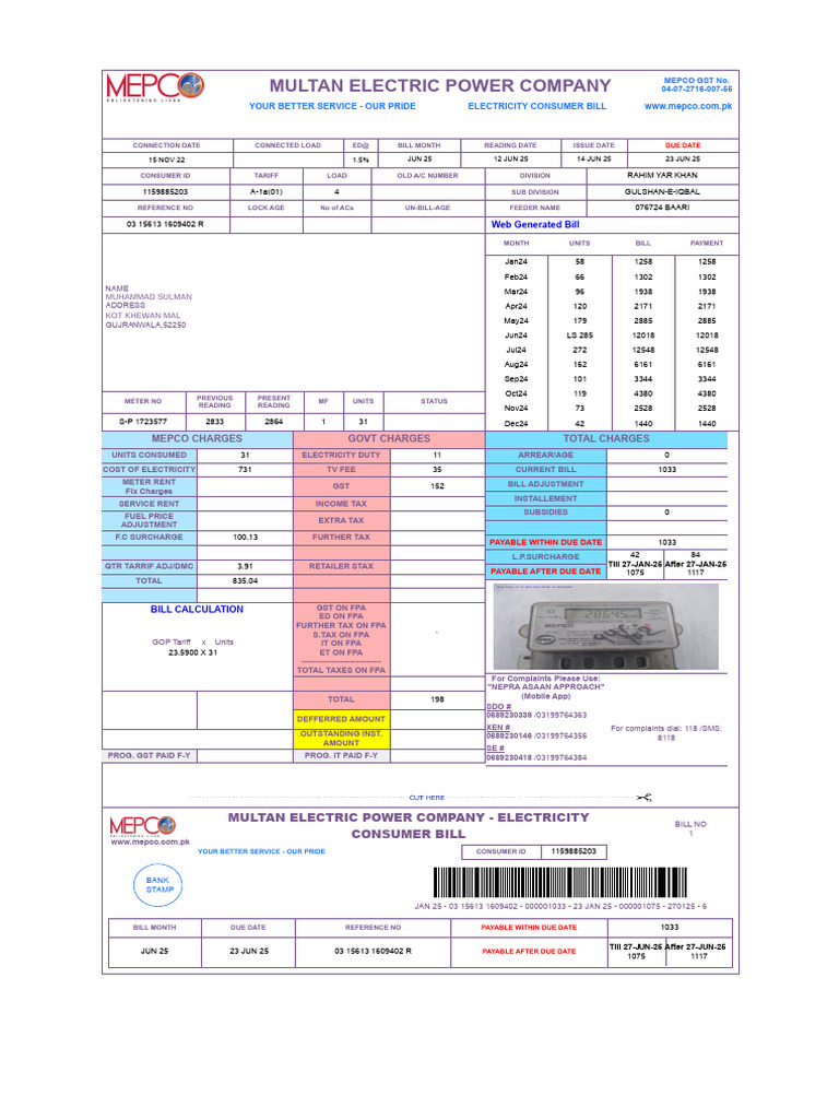 MEPCO Electricity Consumer Bill Details | PDF | Taxes | Public Finance