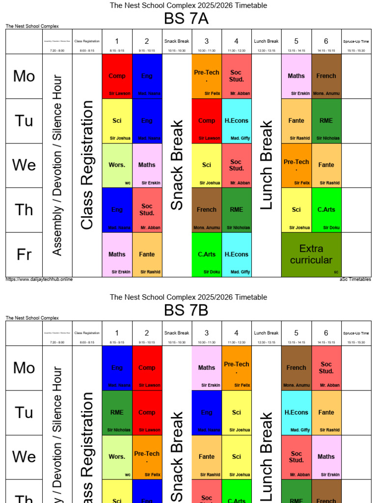 JHS Classes 2025 - 2026 Revised Timetable - Final | PDF