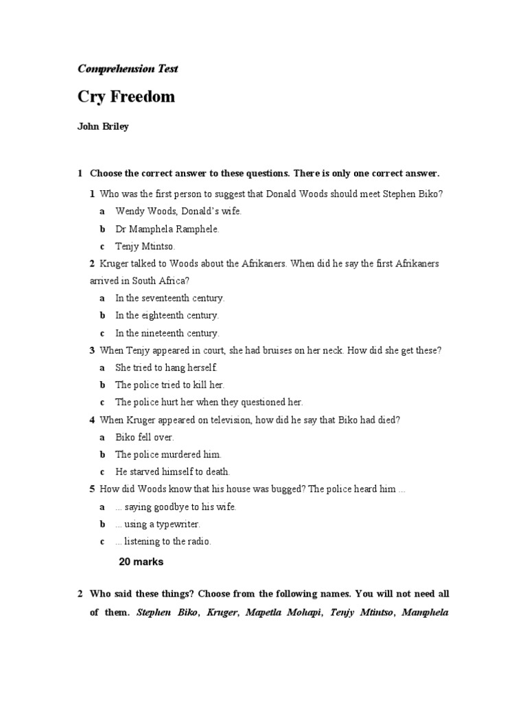 Cry Freedom: Comprehension Test | PDF | Violence