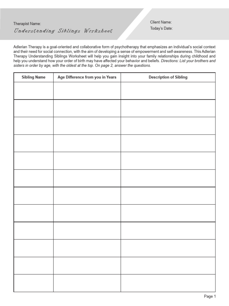 Adlerian Therapy Siblings Worksheet | PDF