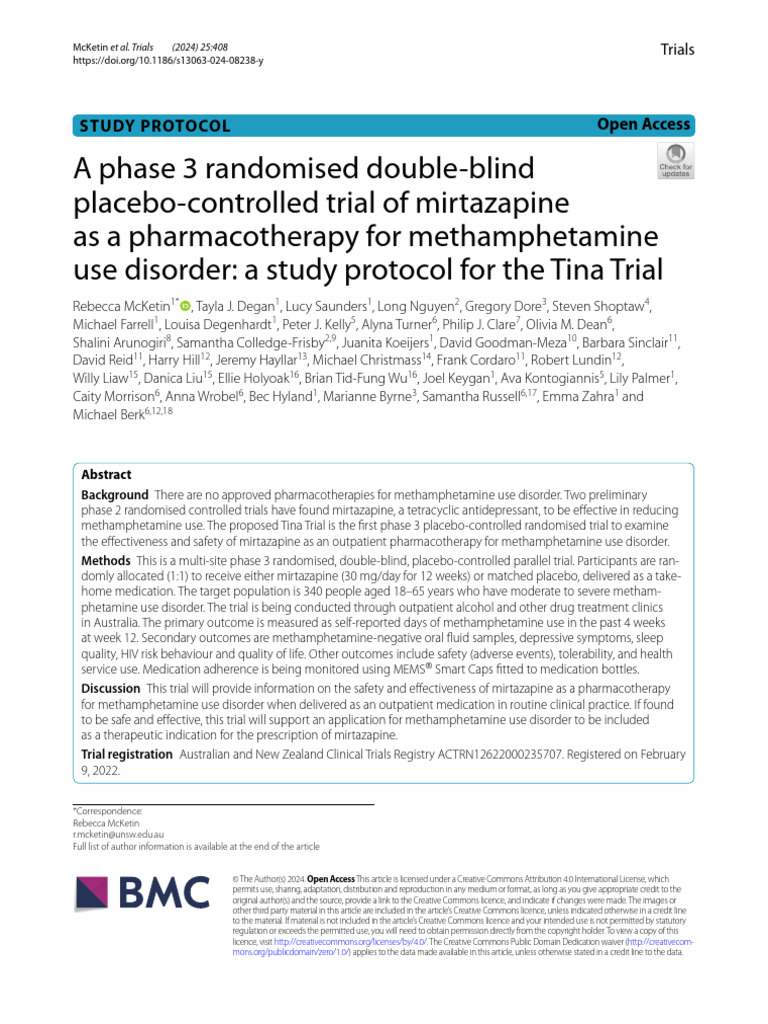A Phase 3 Randomised Double-Blind Placebo-Controlled Trial of Mirtazapine As A Pharmacotherapy ...