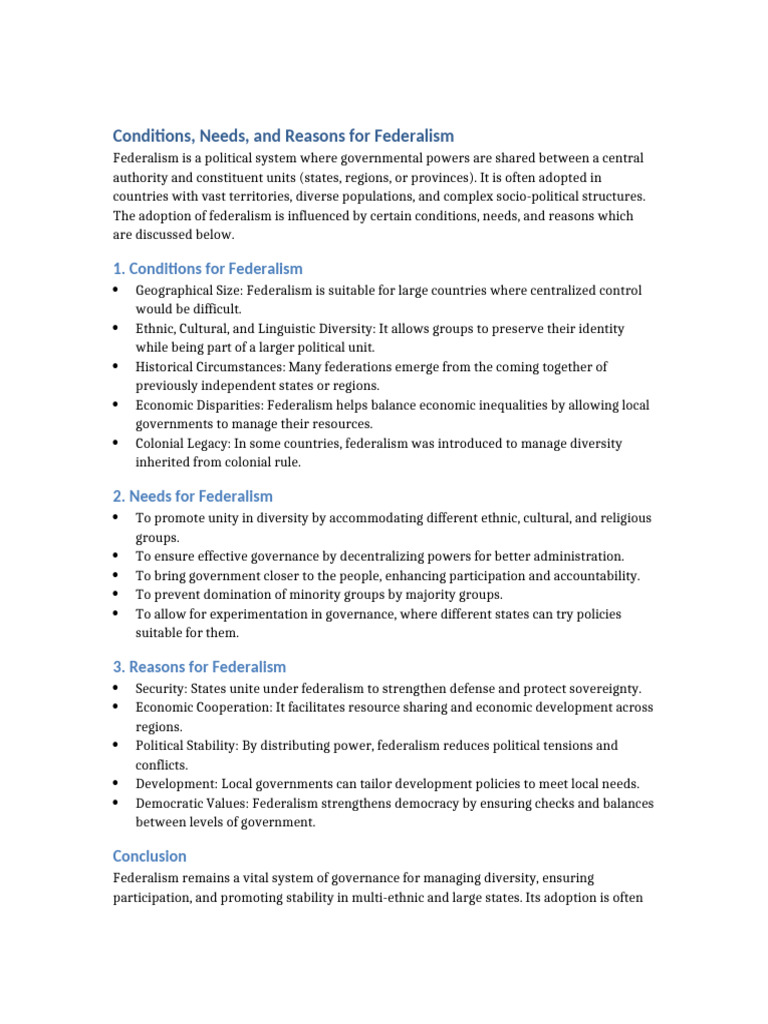 Conditions Needs and Reasons For Federalism | PDF
