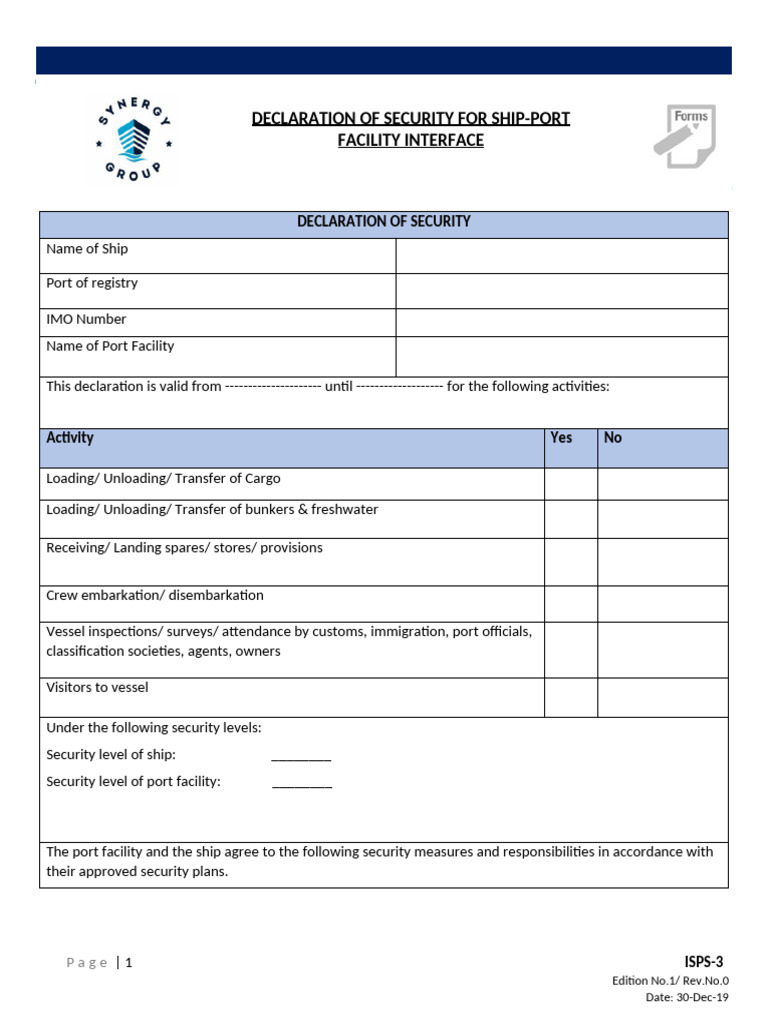 Ship-Port Facility Security Declaration | PDF | Port | Ships