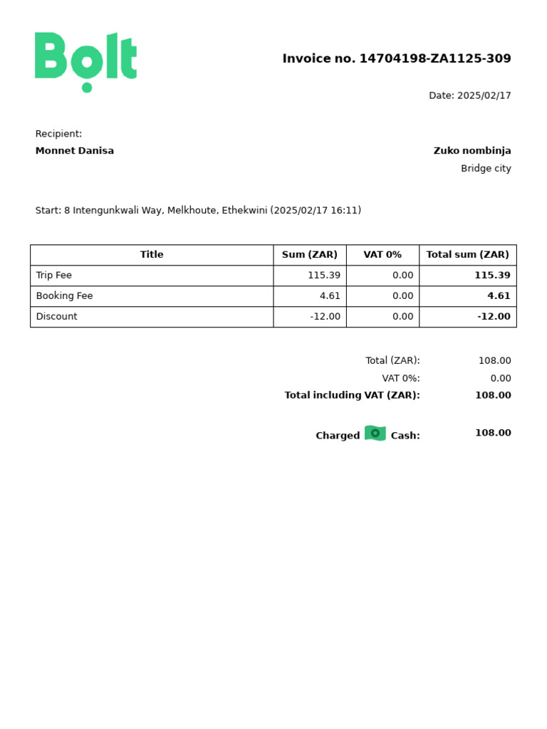Ride Invoice From Bolt | PDF