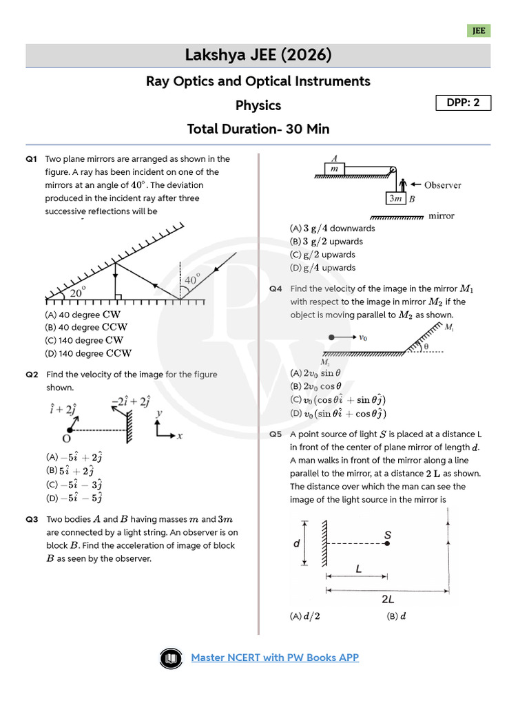 Ray Optics and Optical Instruments DPP 02 (Of Lec 03) | PDF | Mirror | Electromagnetic Radiation