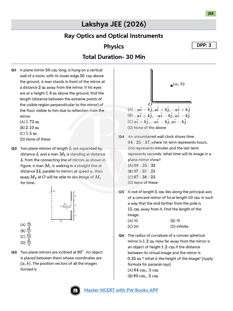 Ray Optics and Optical Instruments - DPP 03 (Of Lec 05) | PDF | Mirror | Applied And ...