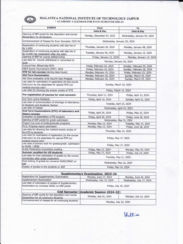 Academic Calendar For Even Semester 2023-24 | PDF