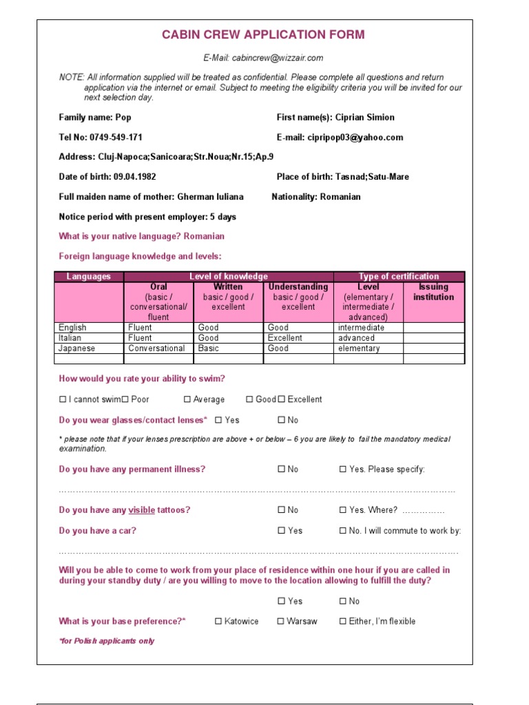 Wizz Air Cabin Crew Application Form | PDF | Business
