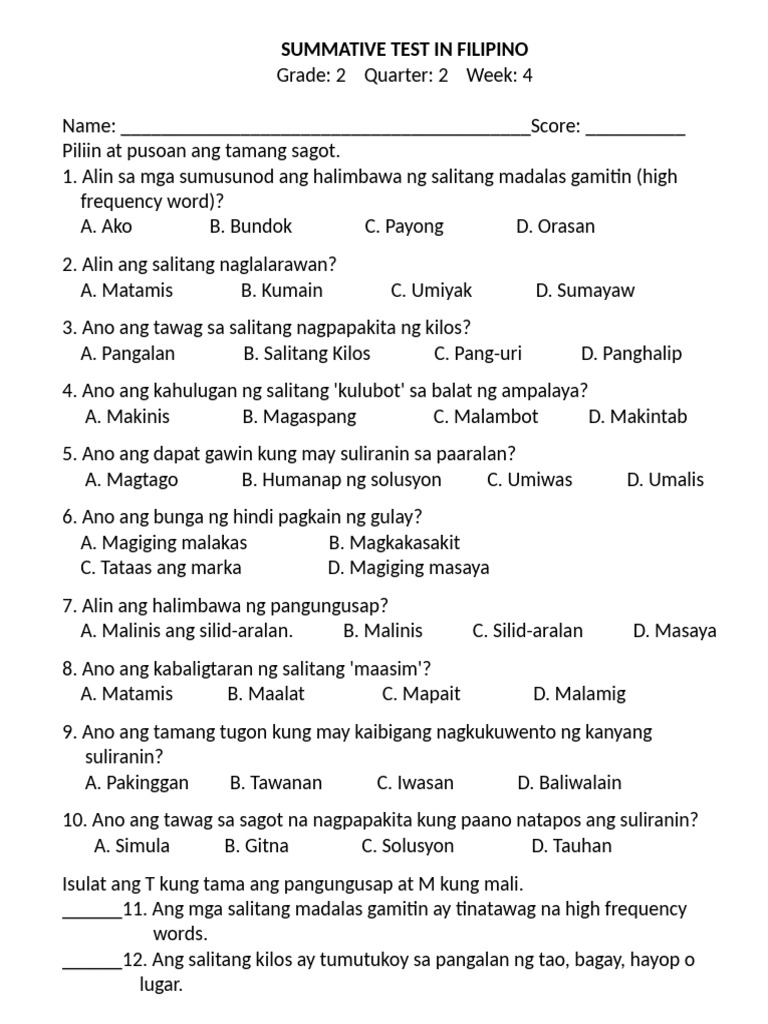 Summative Test in Filipino 2 q2w4 | PDF