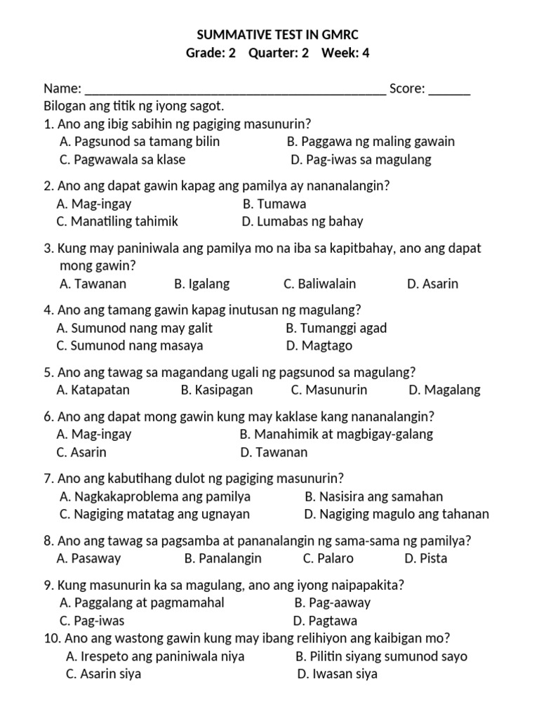 Summative Test in GMRC 2 q2w4 | PDF