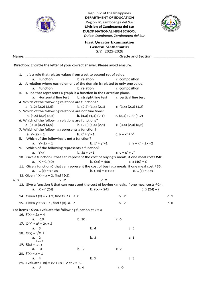 General Mathematics Exam for Grade 10 | PDF | Function (Mathematics ...