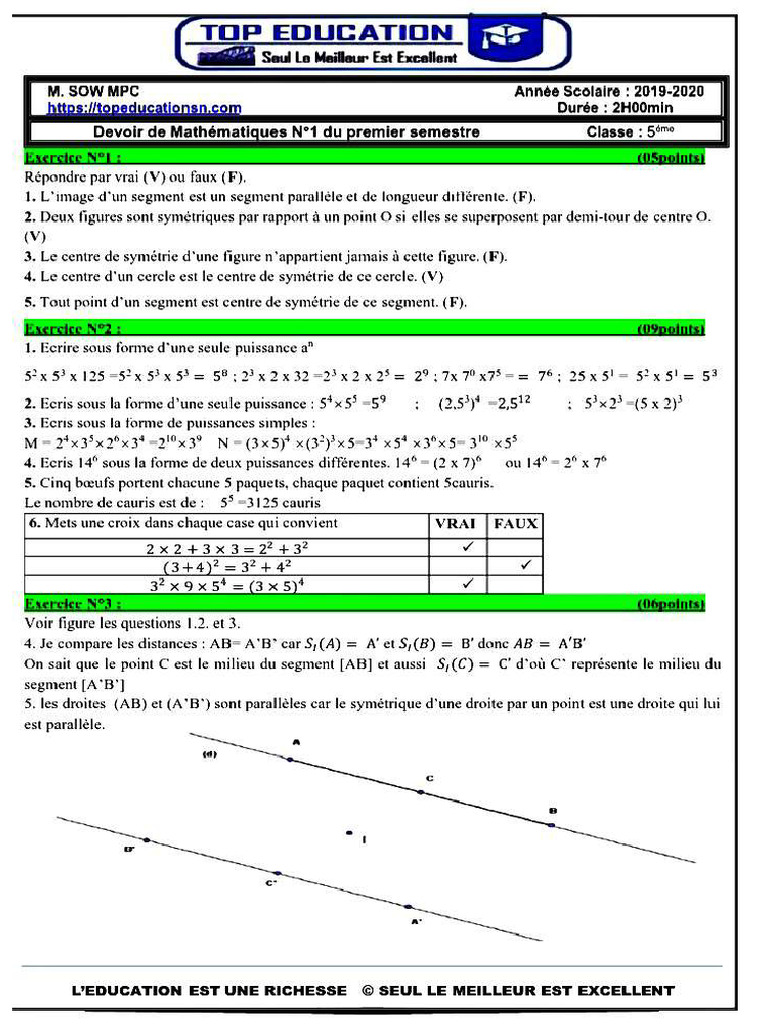 Devoir1 Maths 5è | PDF