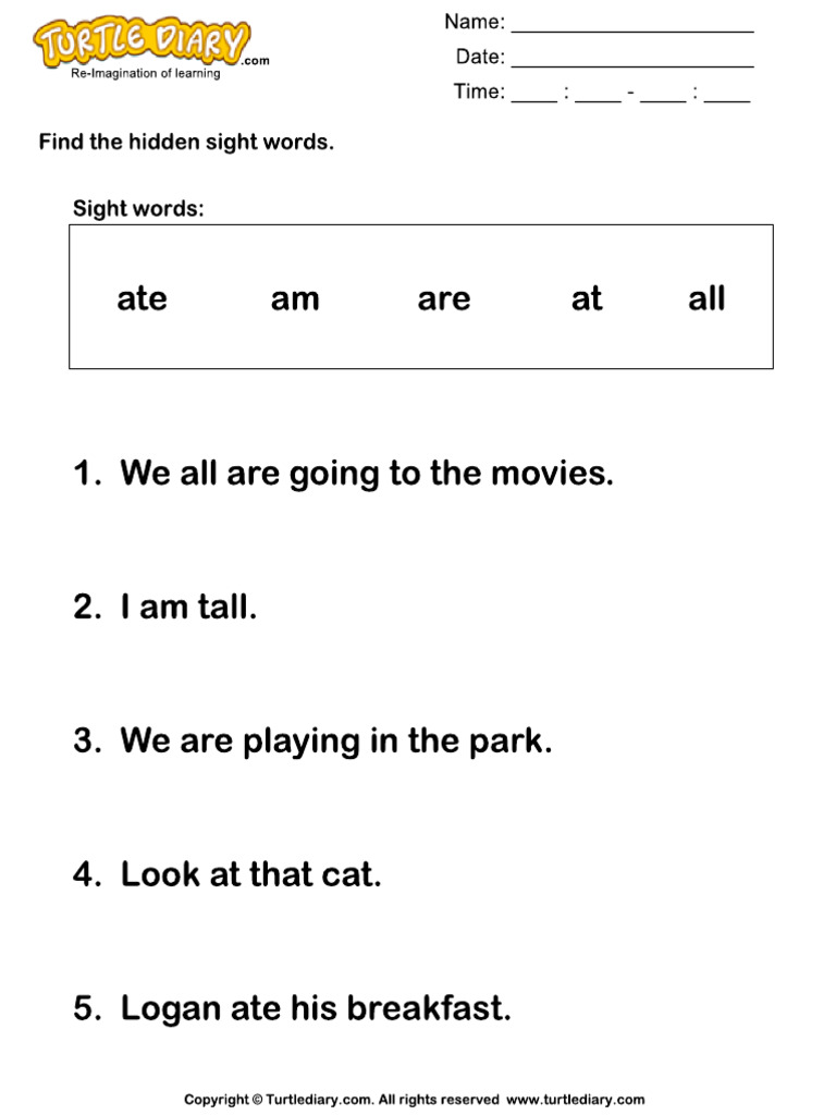 Identify Sight Words Ate Am Are at All | PDF