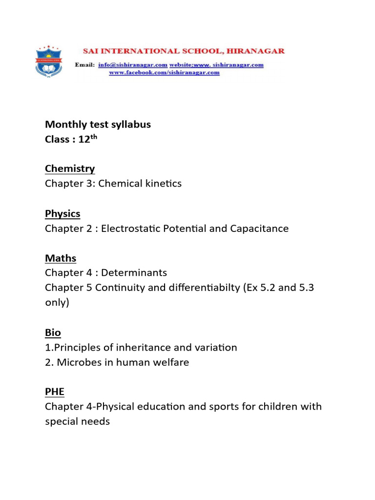 Monthly Test Syllabus New Updayed | PDF