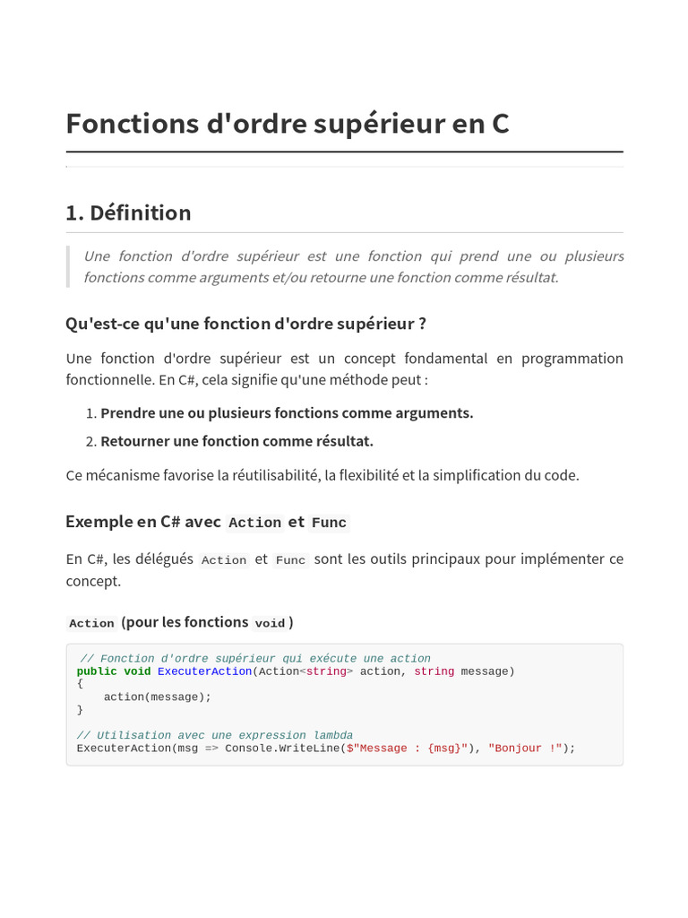 Fonctions d'ordre supérieur en C# | PDF | C# (Langage de programmation ...