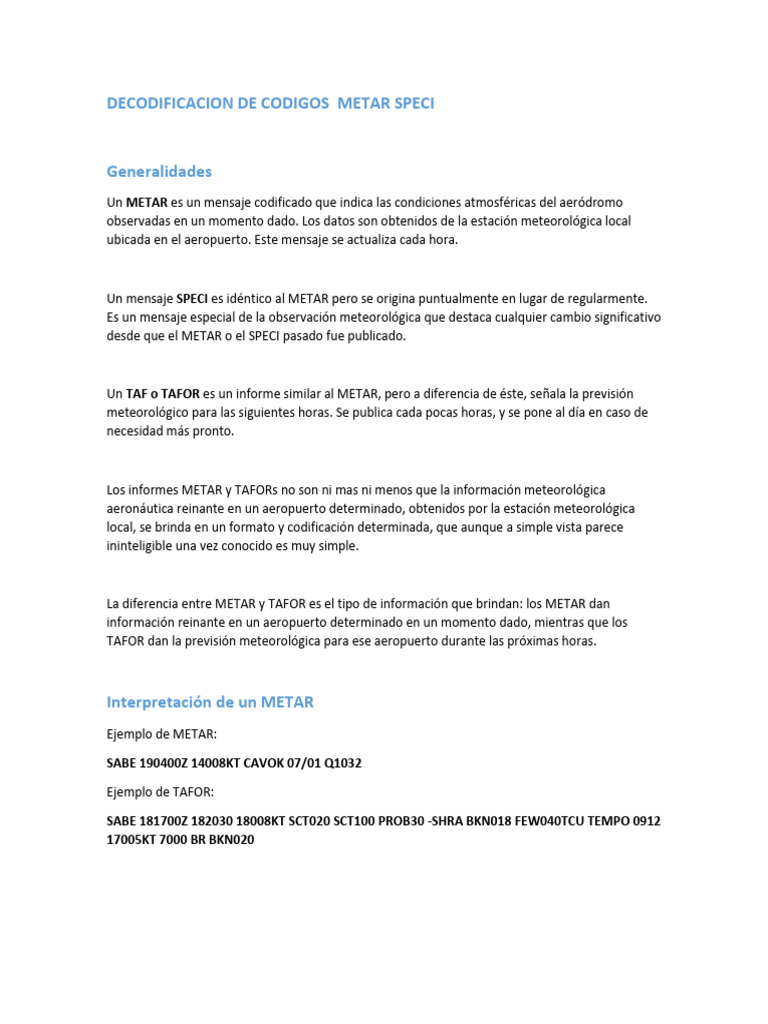 Guía Completa sobre Códigos METAR y SPECI | PDF | Pista | Meteorología