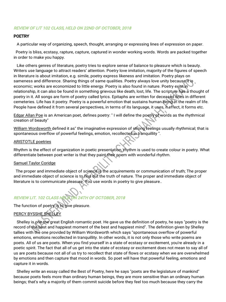 Overview of Poetry in LIT 102 Class | PDF