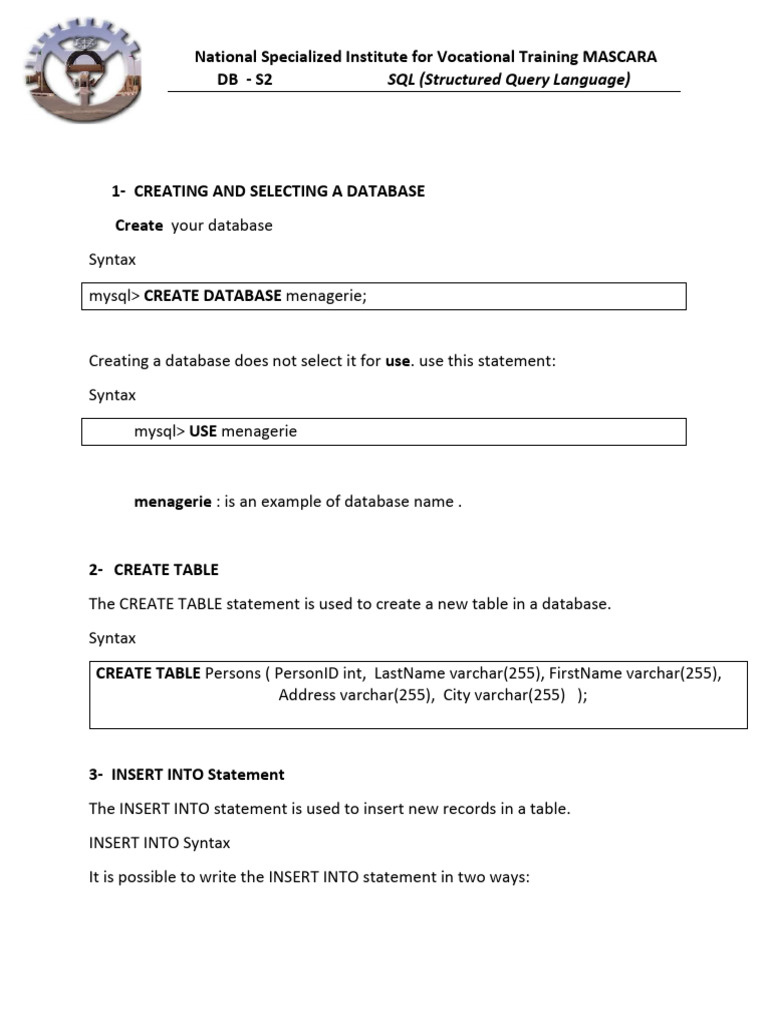 SQL Database Creation and Insertion Guide | PDF