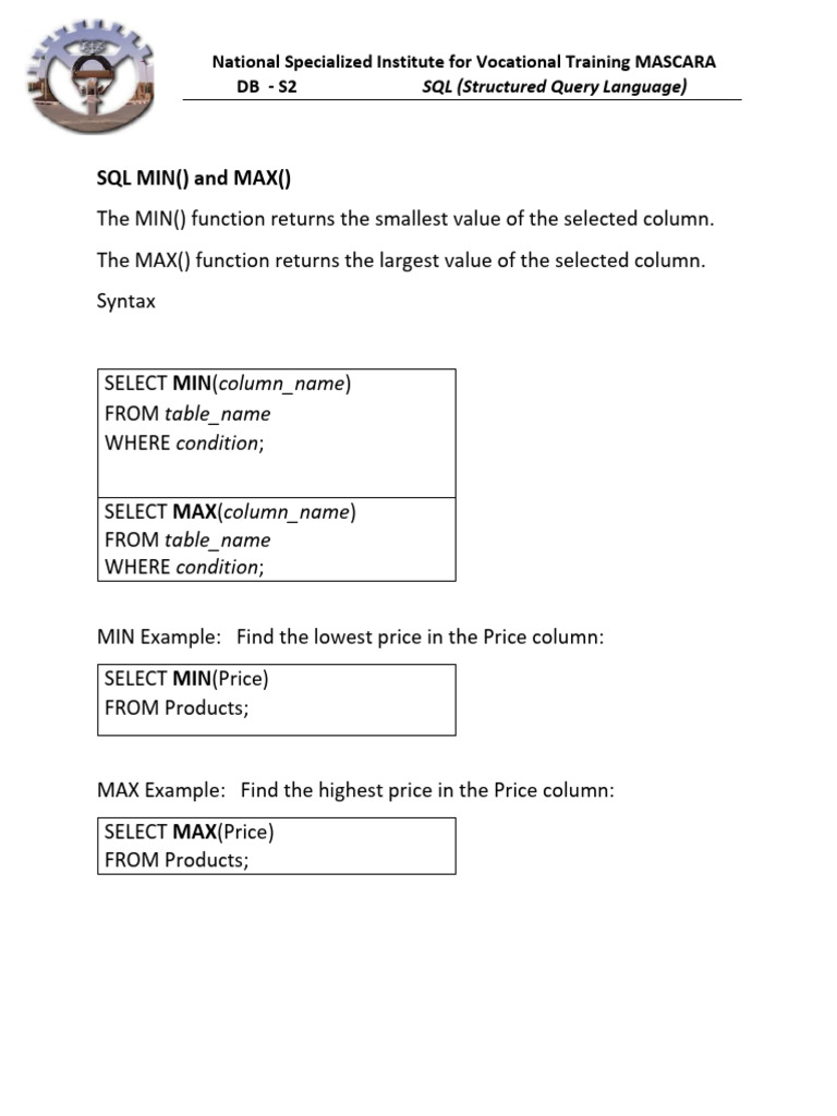 Sum Max Min Count Avg in SQL | PDF