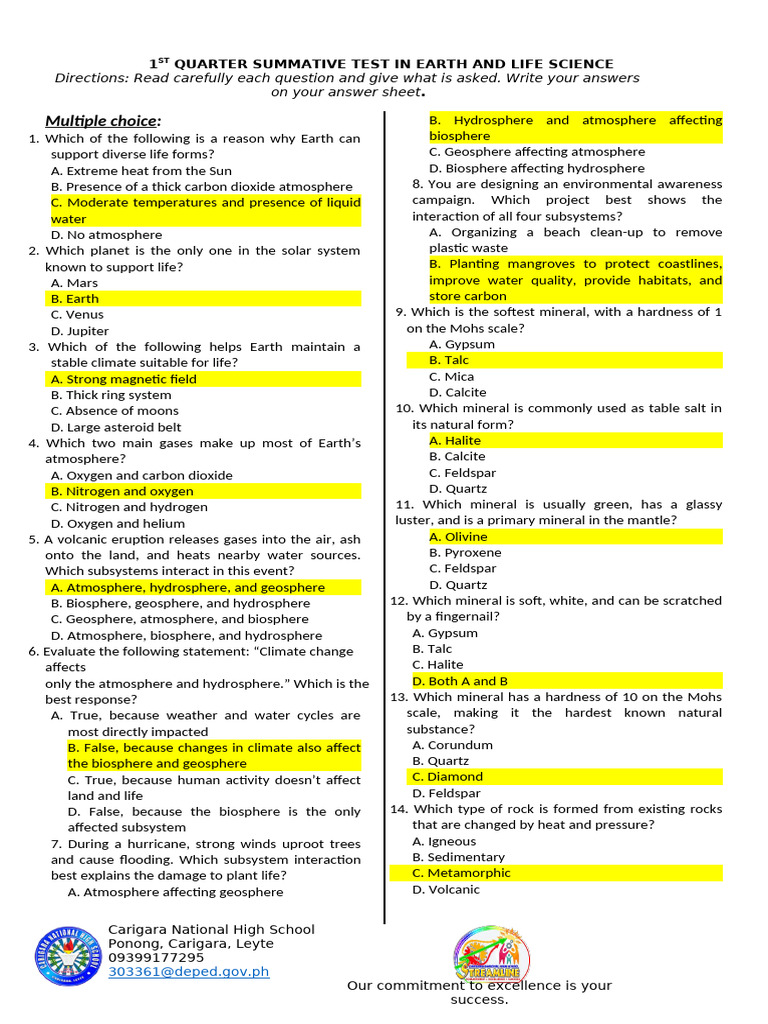 Summative Test in Earth and Life Science 1ST Quarter | PDF | Rock ...