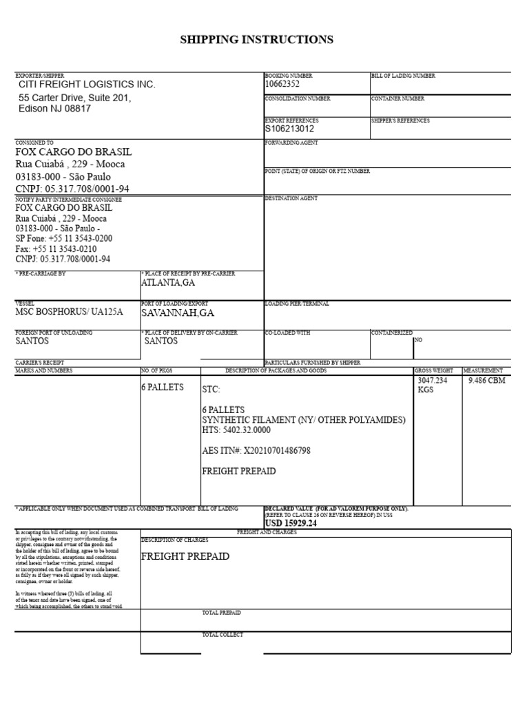 Shipping Instructions 10662352 | PDF | Cargo | Bill Of Lading