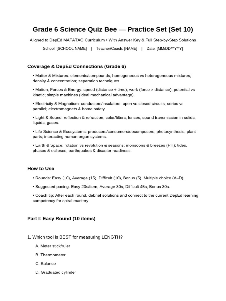Grade 6 Science Quiz Bee Practice Set 10 | PDF | Water | Moon
