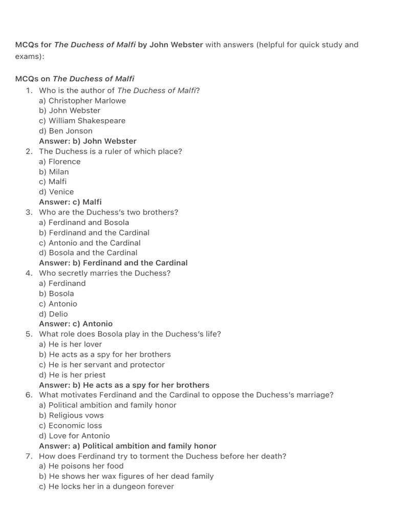 MCQs For The Duchess of Malfi by John Webster With Answers (Helpful | PDF