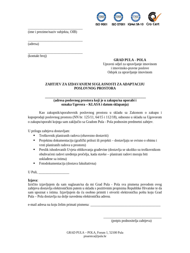Zahtjev Za Izdavanje Suglasnosti Za Adaptaciju Poslovnog Prostora | PDF