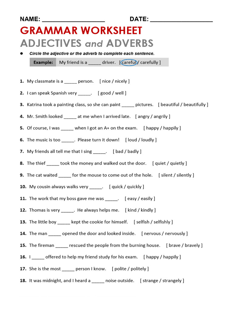 Adjectives and Adverbs Grammar Worksheet | PDF