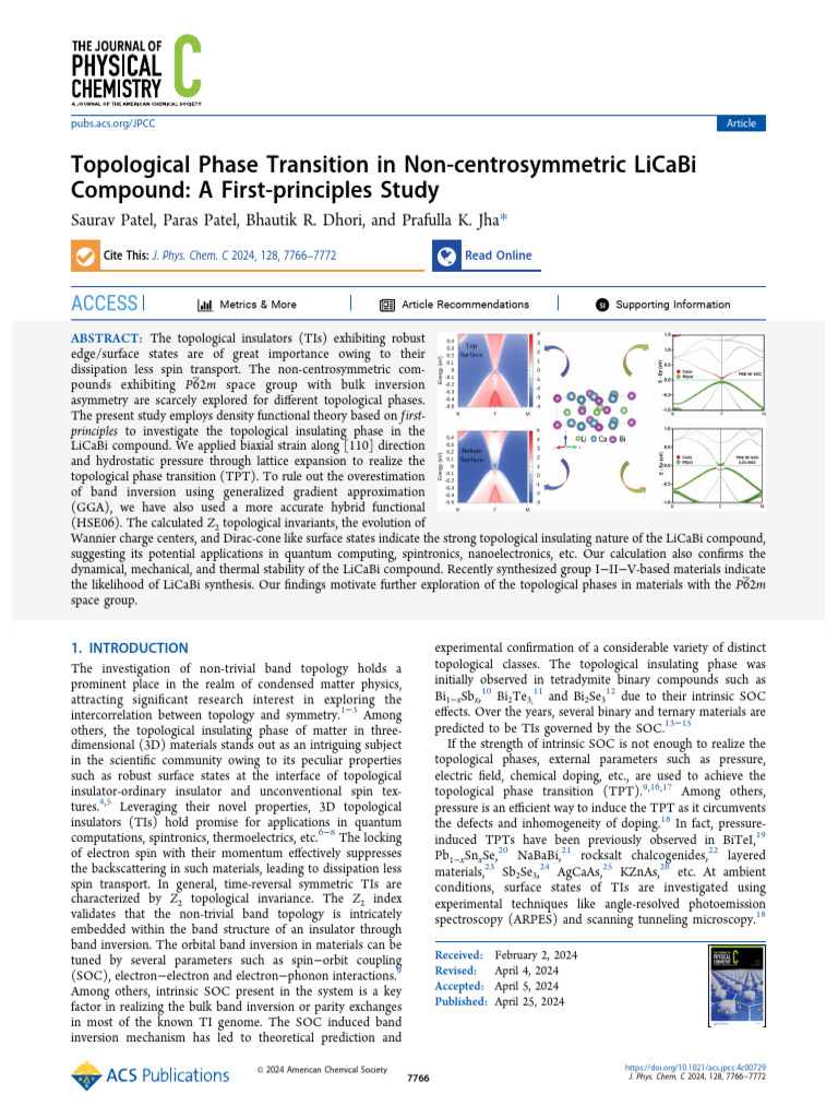 Patel Et Al 2024 Topological Phase Transition in Non Centrosymmetric ...