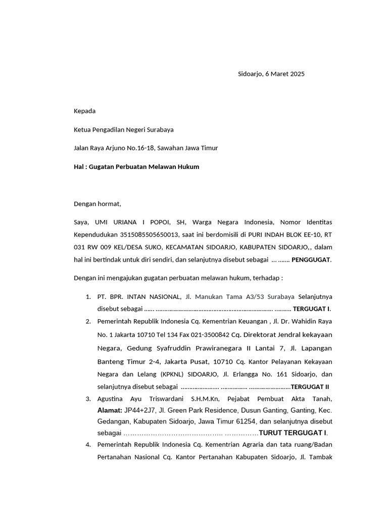 Gugatan PMH BPR Intan Kedua Umi Popoy | PDF