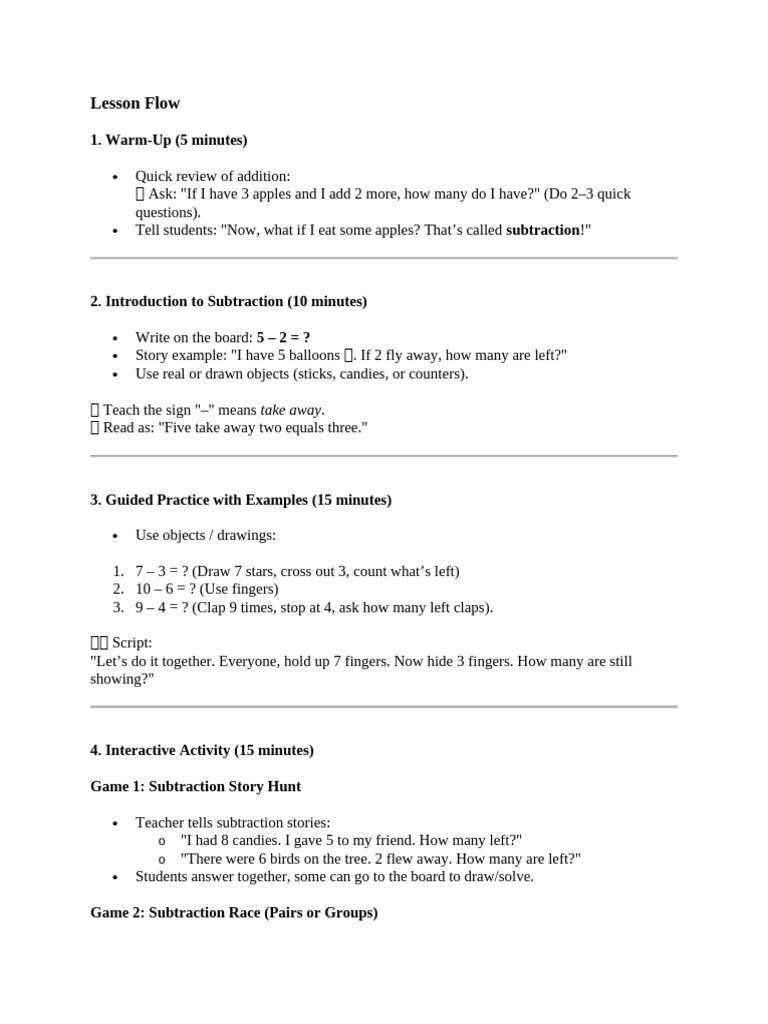 Engaging Subtraction Lesson Plan | PDF