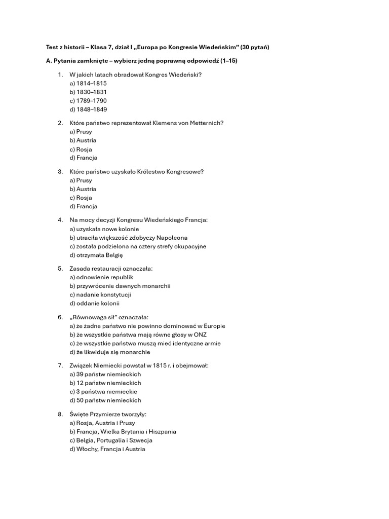 Test Z Historii Klasa 7 Dział I Nowa Era Pdf