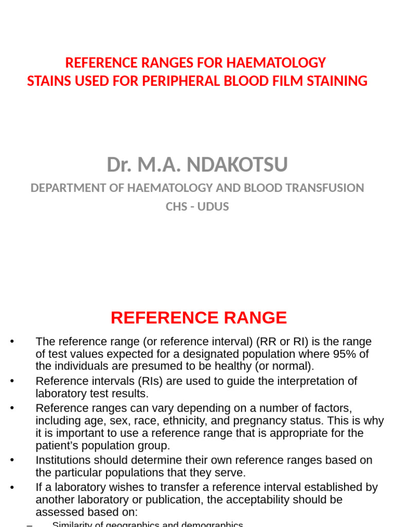 Hematology Reference Ranges and Stains | PDF | Bone Marrow | Medical ...