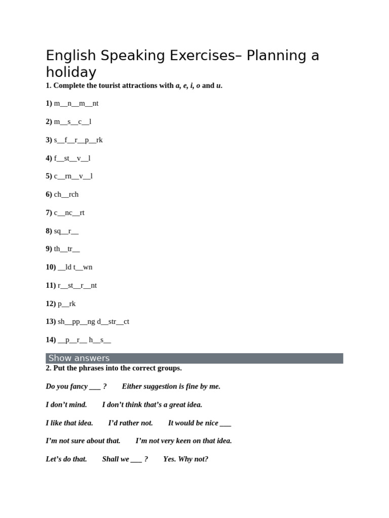 Holiday Planning Speaking Exercises | PDF