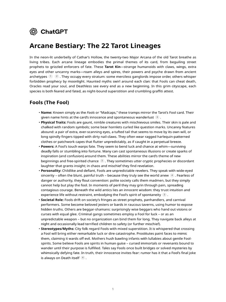Arcane Bestiary - The 22 Tarot Lineages | PDF | Gambling | Luck