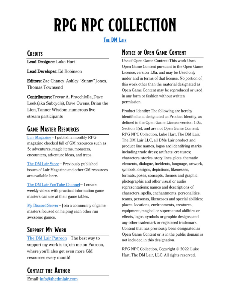 RPG NPC Collection for Game Masters | PDF