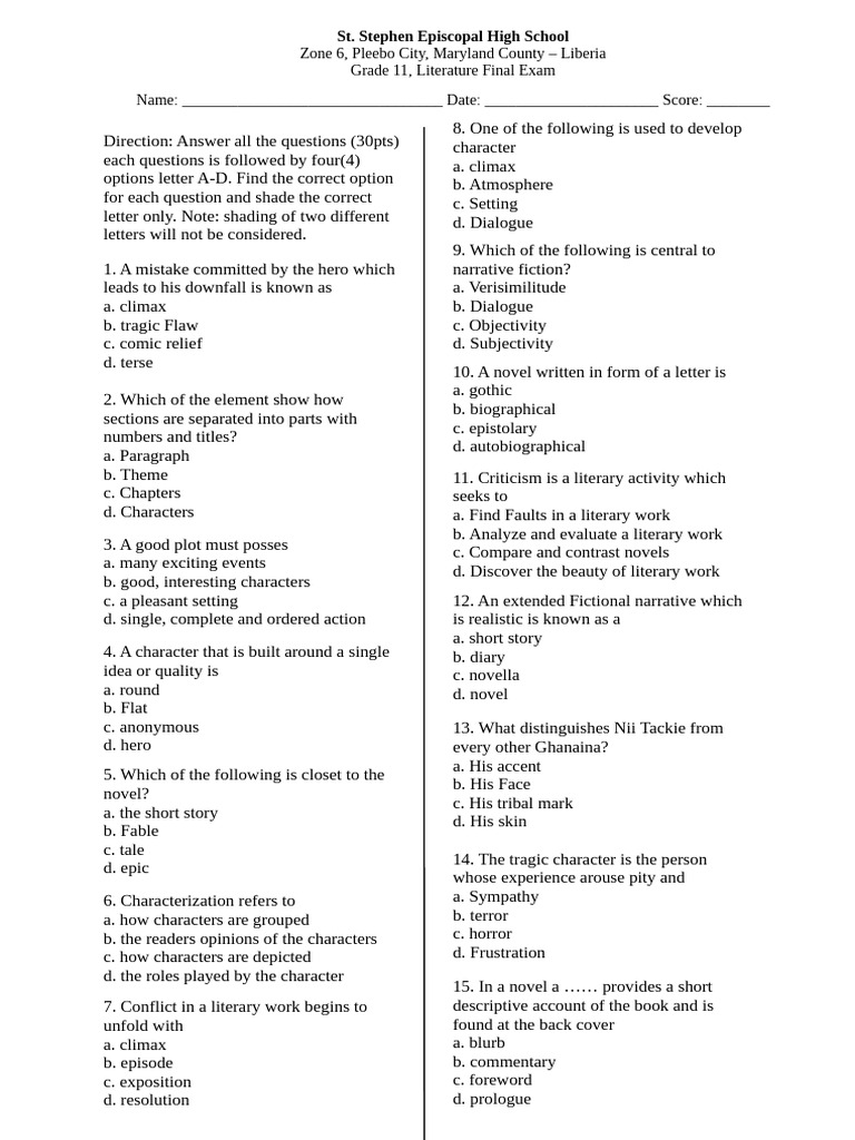 Grade 11 Final Exam 2024-1 | PDF | Novels | Literary Theory